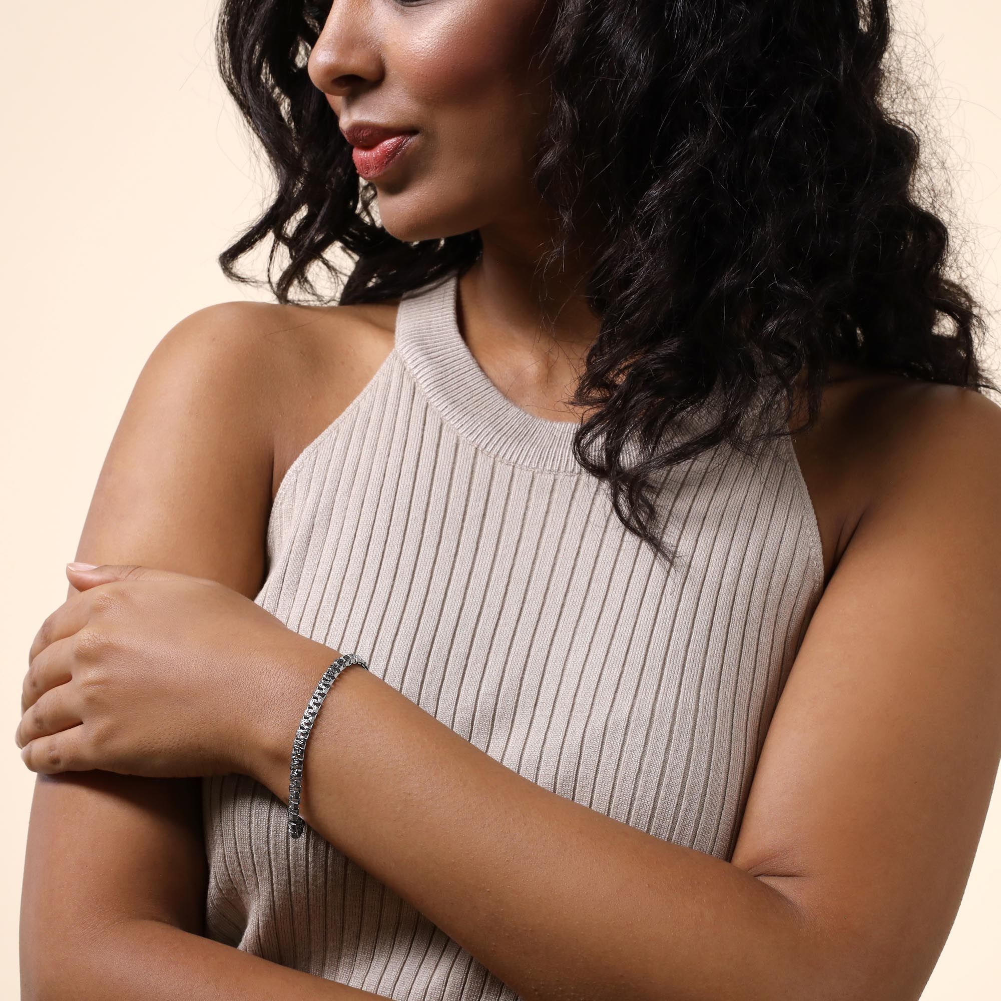 Sterling Silver 4.6mm Greek Box Pave Bracelet | The Chain Hut