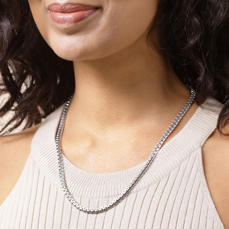 Sterling Silver 4.6mm Greek Box Pave Chain Necklace | The Chain Hut