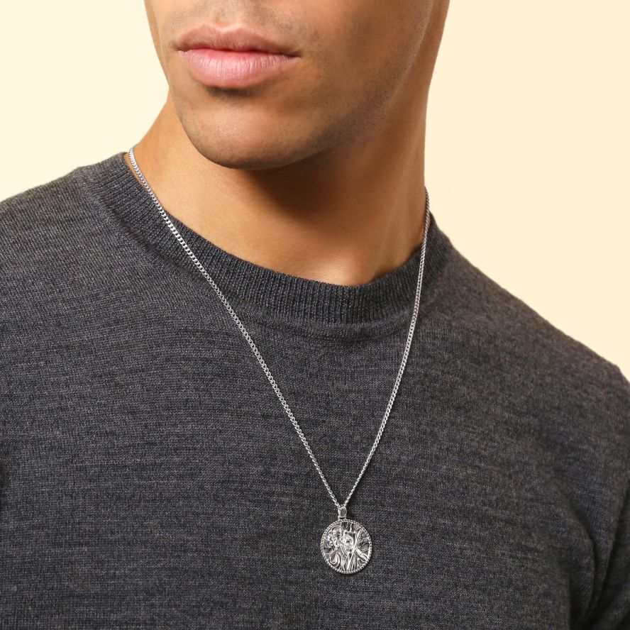 Sterling Silver 24mm Round St Christopher Necklace with Curb Chain