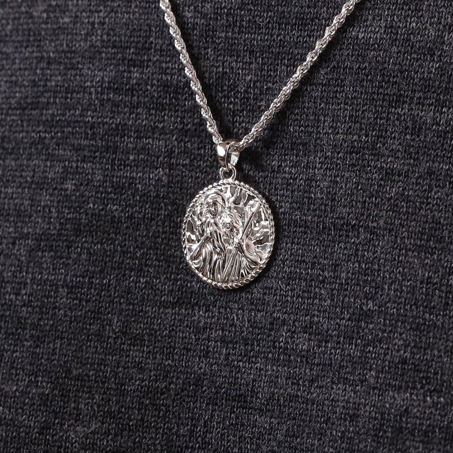 Sterling Silver 20mm Round St Christopher Necklace with Rope Chain