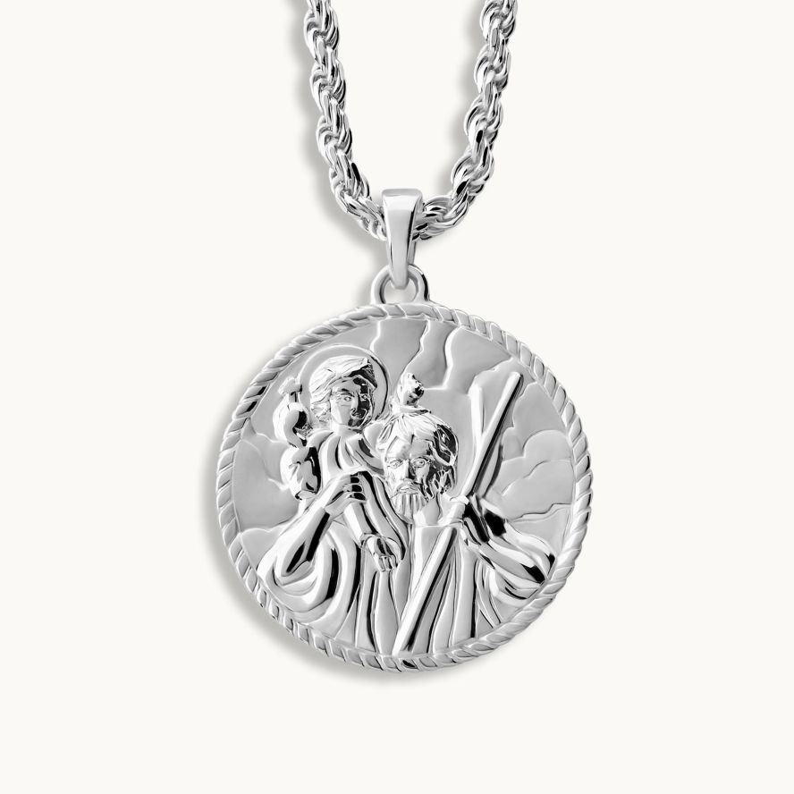 Sterling Silver 24mm Round St Christopher Necklace with Rope Chain